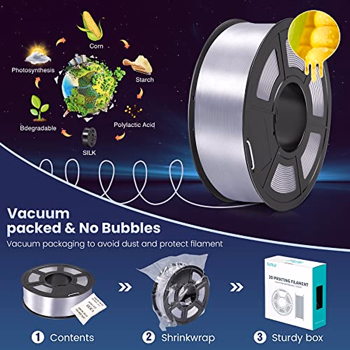 3D Printer Silk Filament, SUNLU Shiny Silk PLA Filament 1.75mm, Smooth Silky Surface, Great Easy to Print for 3D Printers, Dimensional Accuracy +/- 0.02mm, Silk Silver 1KG