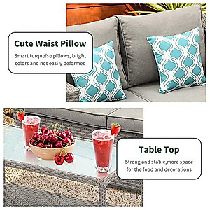 SUNBURY Outdoor 4-Piece Patio Furniture w Propane Fire Pit, Pearl Gray Rattan Conversation Set, 4 Blue Pillows w 32-inch Rectangle Wicker 40,000 BTU Fire Table w Glass Guard Fits 20 gal Tank Outside