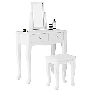 soges Makeup Vanity Table Set, 2-Drawer Dresser Desk, 360° Rotation Mirror, Cushioned Stool, Bedroom Dressing Table Set, White