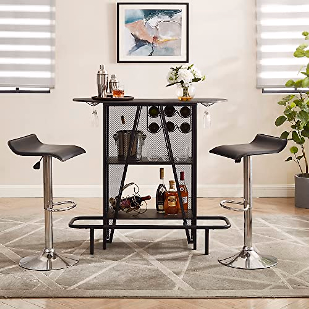 VECELO Bar Unit with Metal Mesh Front, 3-Tier Wine Rack Table with Glasses Holder, Home Liquor Cabinet with Storage and Footrest for Living Room, Kitchen, Cement Grey