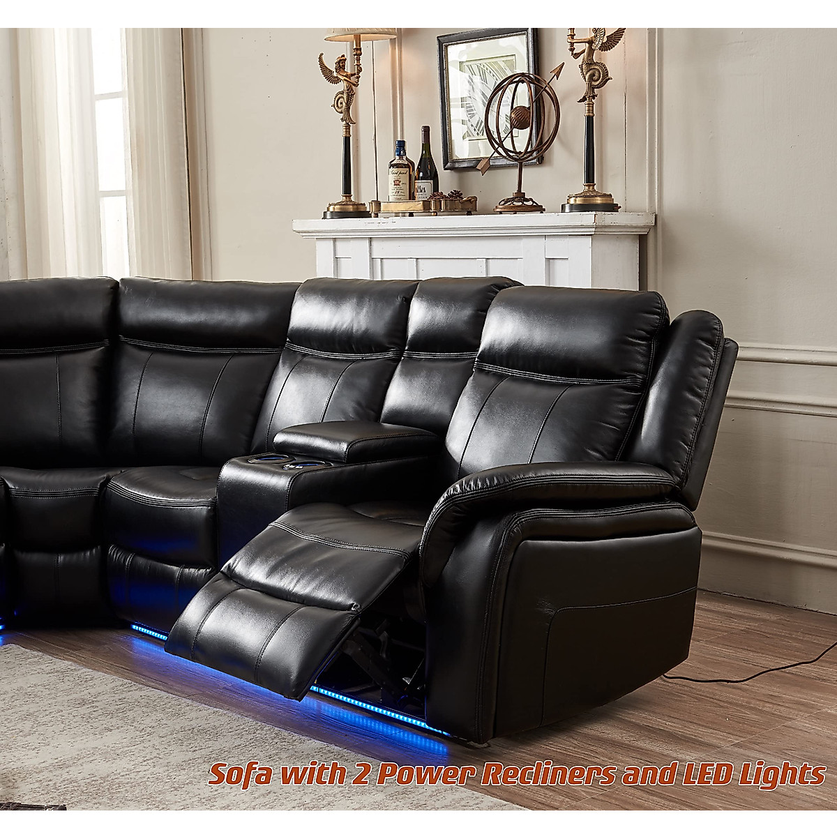 Power Reclining Sectional Sofa Set Faux Leather Recliner Couch with LED Lights/USB Port/Console Storage/Cup Holders Home Theater Sectional Sofa
