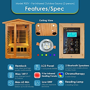 Xmatch Saunas 902V Far Infrared Sauna, Outdoor Wooden Dry Sauna Low EMF (Hemlock Wood, 2-Person Size)