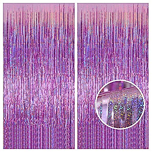 Melsan 2 Pack 3.2 ft x 8.2 ft Tinsel Foil Fringe Curtains Backdrop, Sparkle Metallic Foil Curtains for Party Photo Booth Props Decoration, Pinkish Purple