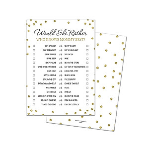 Would She Rather - Who Knows Mommy Best - Baby Shower Game - 24 count (Faux Gold Glitter on White)