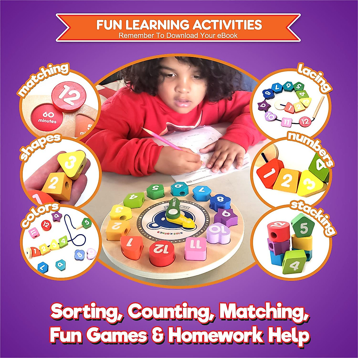 Lace & Learn Wood Clock for Kids - Shapes, Colors, Lacing & Telling Time Toddler Clock - Glow in The Dark Fine Motor Skills and Wooden Toys with Activity eBook