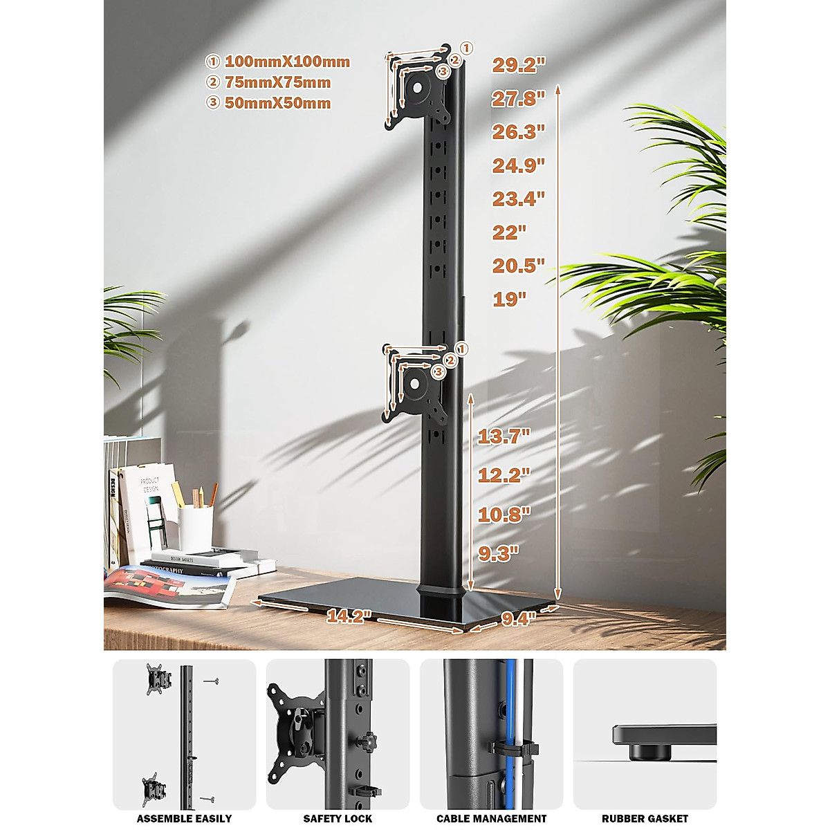 Dual Monitor Stand - Vertical Stack Screen Free-Standing Monitor Riser Fits Two 13 to 34 Inch Screen with Swivel, Tilt, Height Adjustable, Holds One (1) Screen up to 44Lbs HT05B-002