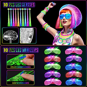 OLUPP Glow in the Dark Party Supplies, 264 PCS Light Up Party Favors with LED Glasses,Glow Sticks,Finger Lights,LED Hair Clips,Slingshot,Glasses Molds,Butterfly Bracelet for Glow Party,Raves,Birthday