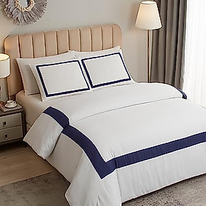 OSVINO Hotel Duvet Cover Set Queen Size 3Pcs Microfiber Navy Line Pattern Bedding Collection Ultra Soft Breathable Duvet Cover with Pillowcases