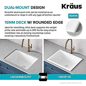 KRAUS Turino™ 24” Drop-In Undermount Fireclay Single Bowl Kitchen Sink with Thick Mounting Deck in Gloss White, KFD1-24GWH
