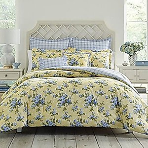 Laura Ashley - King Comforter Set, Cotton Reversible Bedding, Includes Matching Shams with Bonus Euro Shams & Throw Pillows (Cassidy Yellow, King)