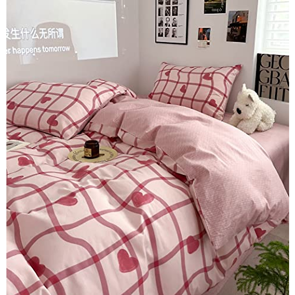 LIWHENHAO Hearts Duvet Cover Set Queen 100% Cotton Bedding Red Heart on Pink Check Plaid 1 Romantic Geometric Comforter Cover Full Zipper Closure 2 Pillowcases for Kids Girls Boys Woman