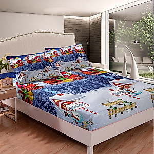 Feelyou Kids Christmas Theme Sheet Set Xmas Santa Claus Pine Bed Sheets for Boys Girls Merry Christmas Bed Set Galaxy Blue Decor Sheets Bedroom Collection 4Pcs Queen Size