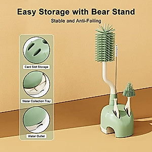 ePiiChua Silicone Bottle Brush Set with Stand, 360° Rotating Silicone Bottle Cleaning Brush Cleaner Set, Long Handle 3 in 1 Multipurpose Silicone Baby Bottle Gap Cap Cleaner Brush (Green)
