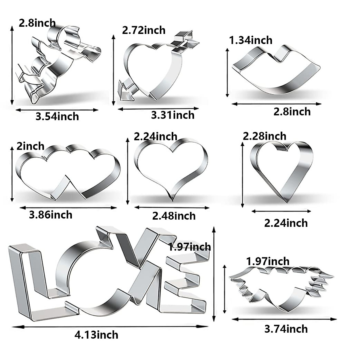 Valentine's Day Heart Cookie Cutter Set, 8 Piece Stainless Heart Shaped Cookie Cutter Biscuit Molds Cookie Cutters for Baking Heart, Lips, Heart with Arrow, Double Heart, Love, Cupid, Heart wings