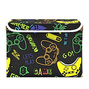 DOMIKING Joysticks Video Game Large Storage Bin with Lid Collapsible Shelf Baskets Box with Handles Organizing Container for Shelves Cabinet Nursery Drawer