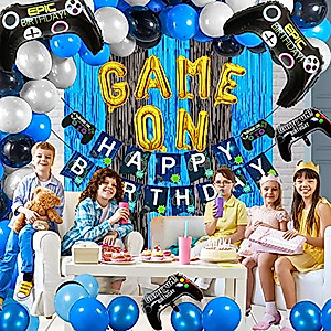 Video Game Birthday Party Decorations for Boys - Blue Video Game Party Supplies with String Lights - Gaming Party Decoration For Kid Video Game Backdrop (92 Pcs)
