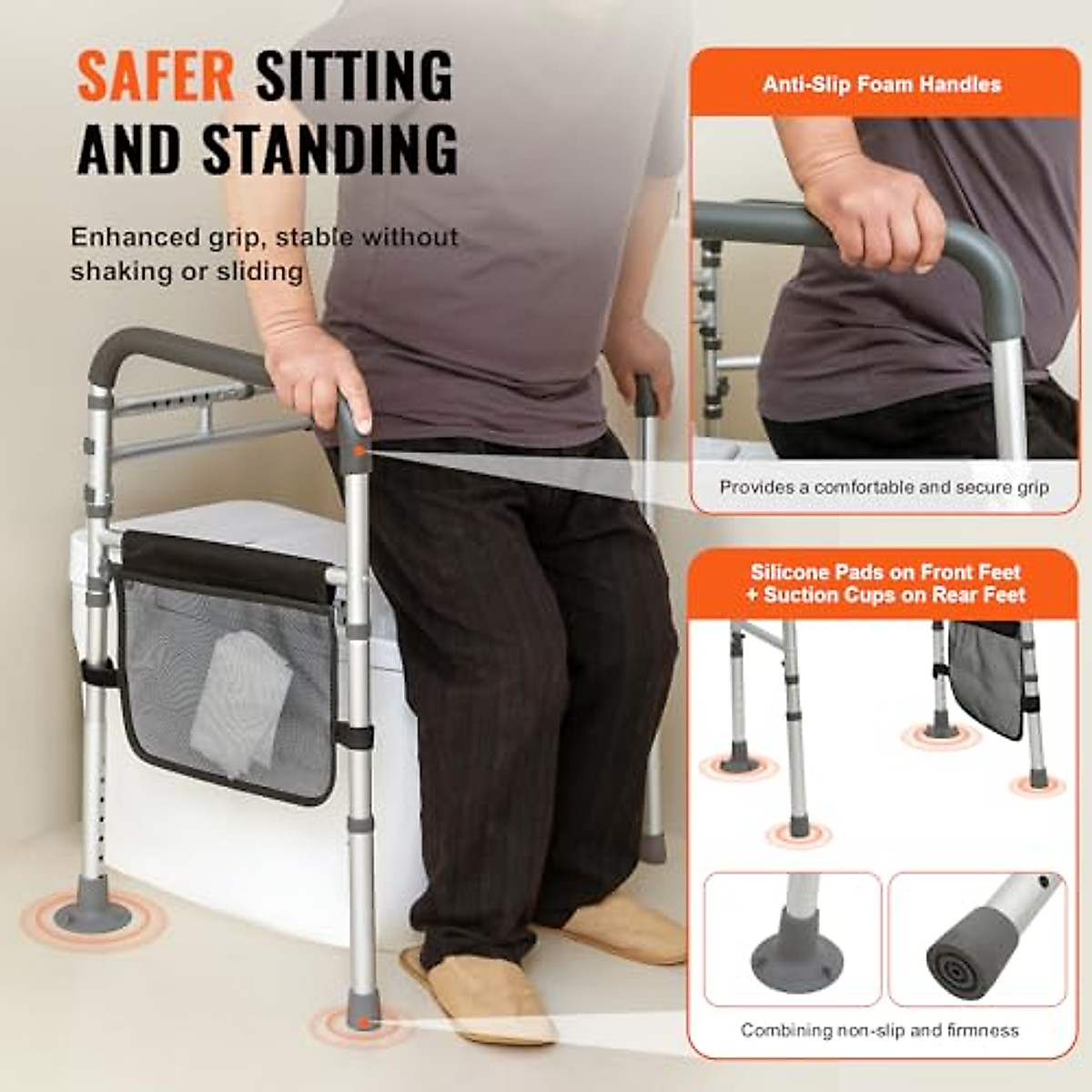 VEVOR Toilet Safety Rail, Folding Toilet Seat Frame, Adjustable Detachable Fit Most Toilets, Heavy 300lbs Capacity Duty Medical Bathroom Toilet Handrails Stand Alone for Handicap, Elderly, Disabled