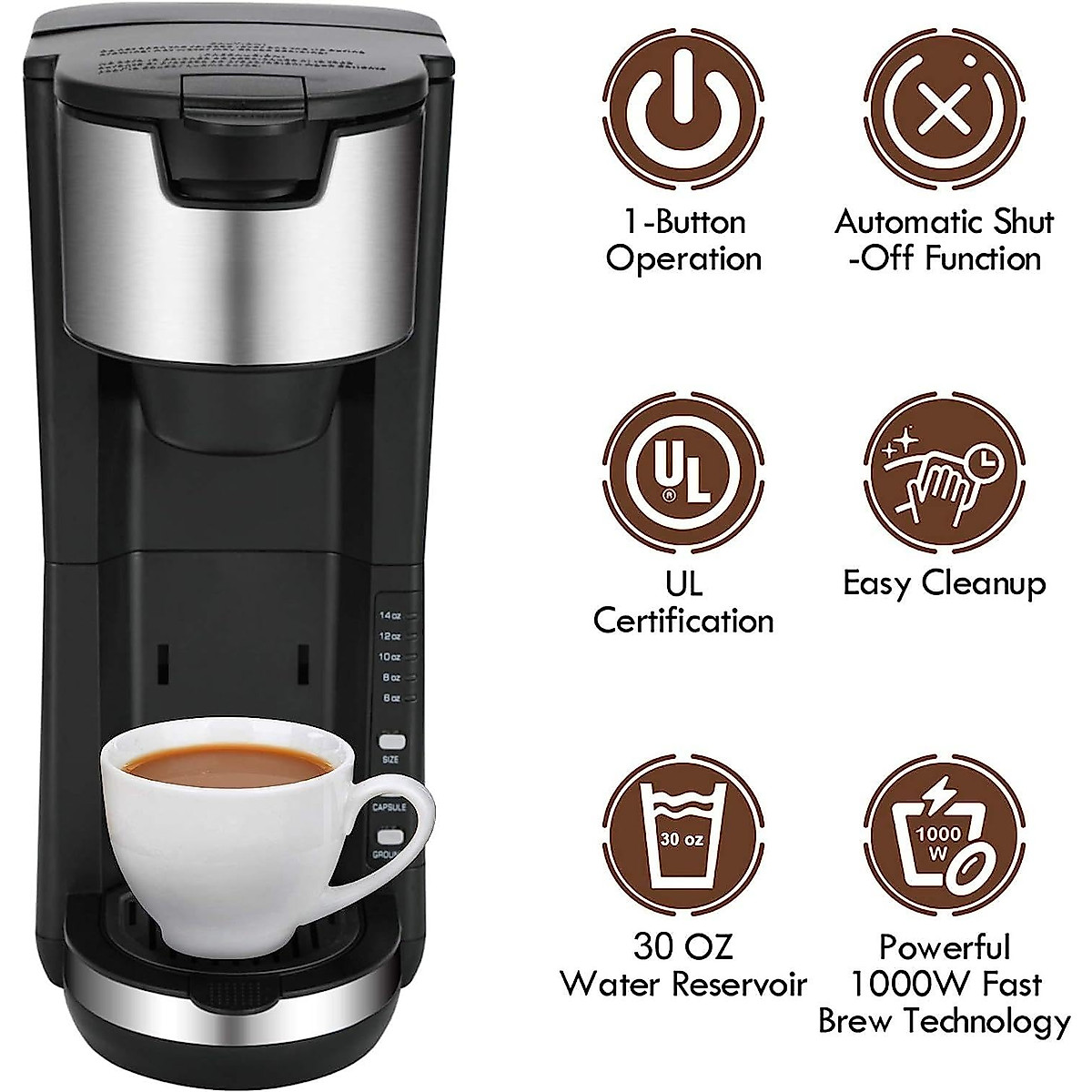 Single Serve Coffee Maker for K Cup & Ground Coffee, 6 to 14 OZ Brew Sizes, Small Coffee Maker with 30 OZ Water Reservior & Automatic Shut-Off Function, Adjustable Drip Tray