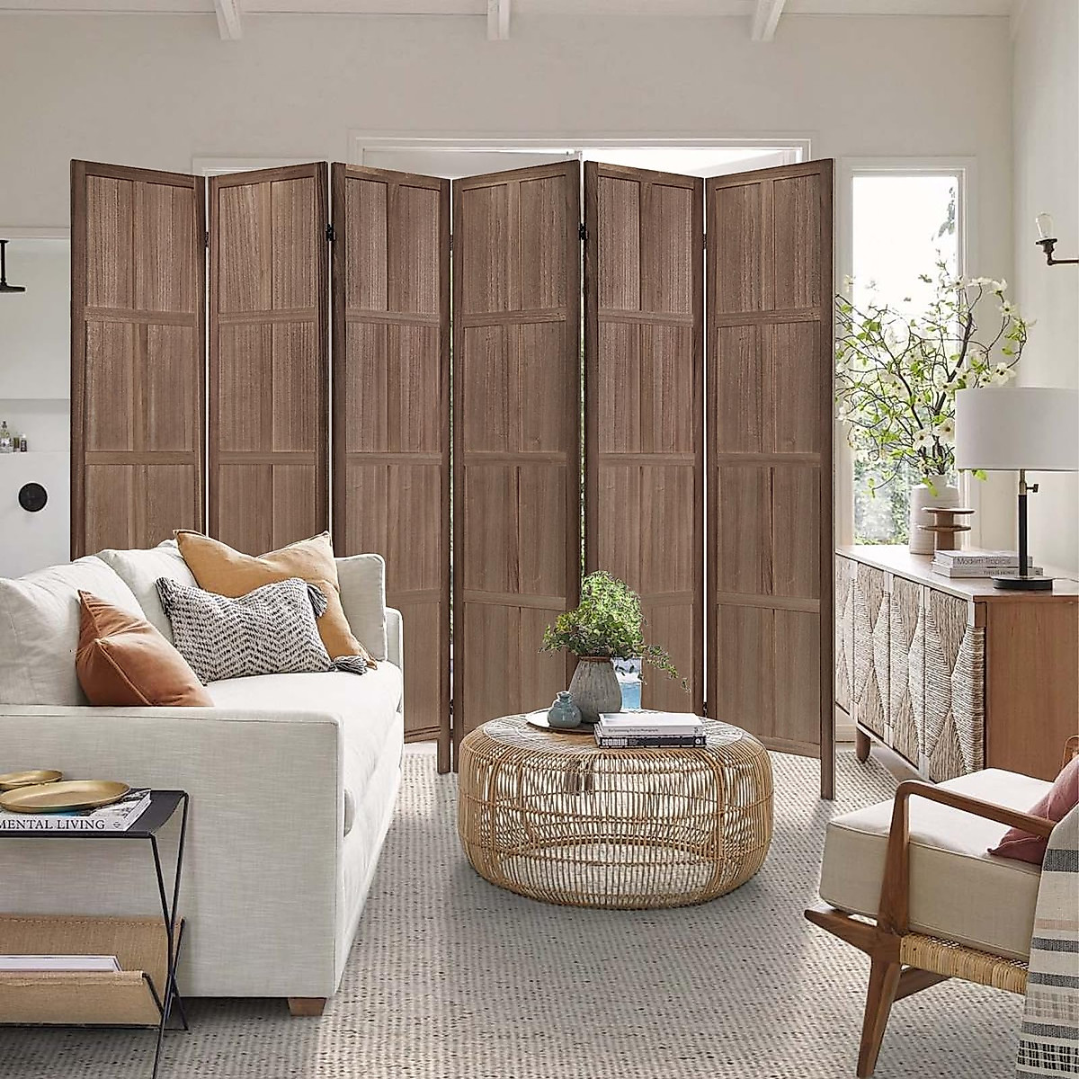 RHF 6 Ft.Tall Room Divider with Stand,19" Each Panel,Rustic Folding Privacy Screens,Heavy Duty Partition Wall Dividers, Room Separator, Temporary Wall, Screen Panel with Feet, 6 Panel, Brown