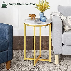 DKLGG Modern Gold Side Table, Small Coffee Table Round End Table with Gold Frame, Marble Side Table Bedside Table for Living Room, Bedroom, Small Space, 16" D*24" H