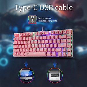 HUO JI 60% Mechanical Gaming Keyboard, LED Backlight 81 Keys Compact Keyboard USB Wired Keyboard Blue Switch, Pink