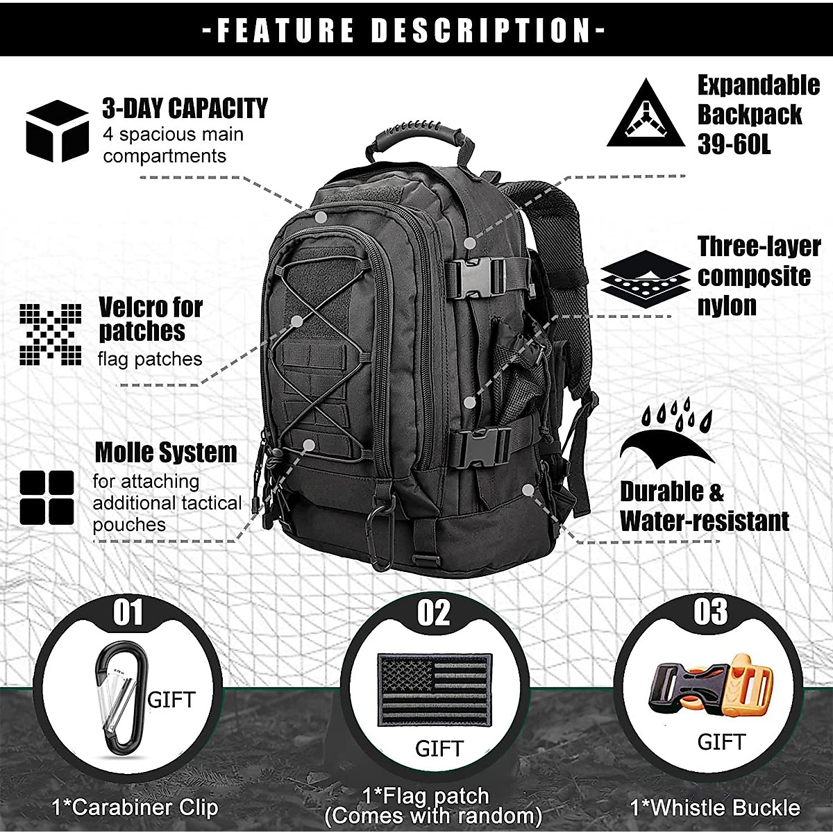 40L - 64 L Outdoor 3 Day Expandable Backpack for Gym Sport Hiking Camping Trekking Travel Military & Tactical,Bug Out Bag