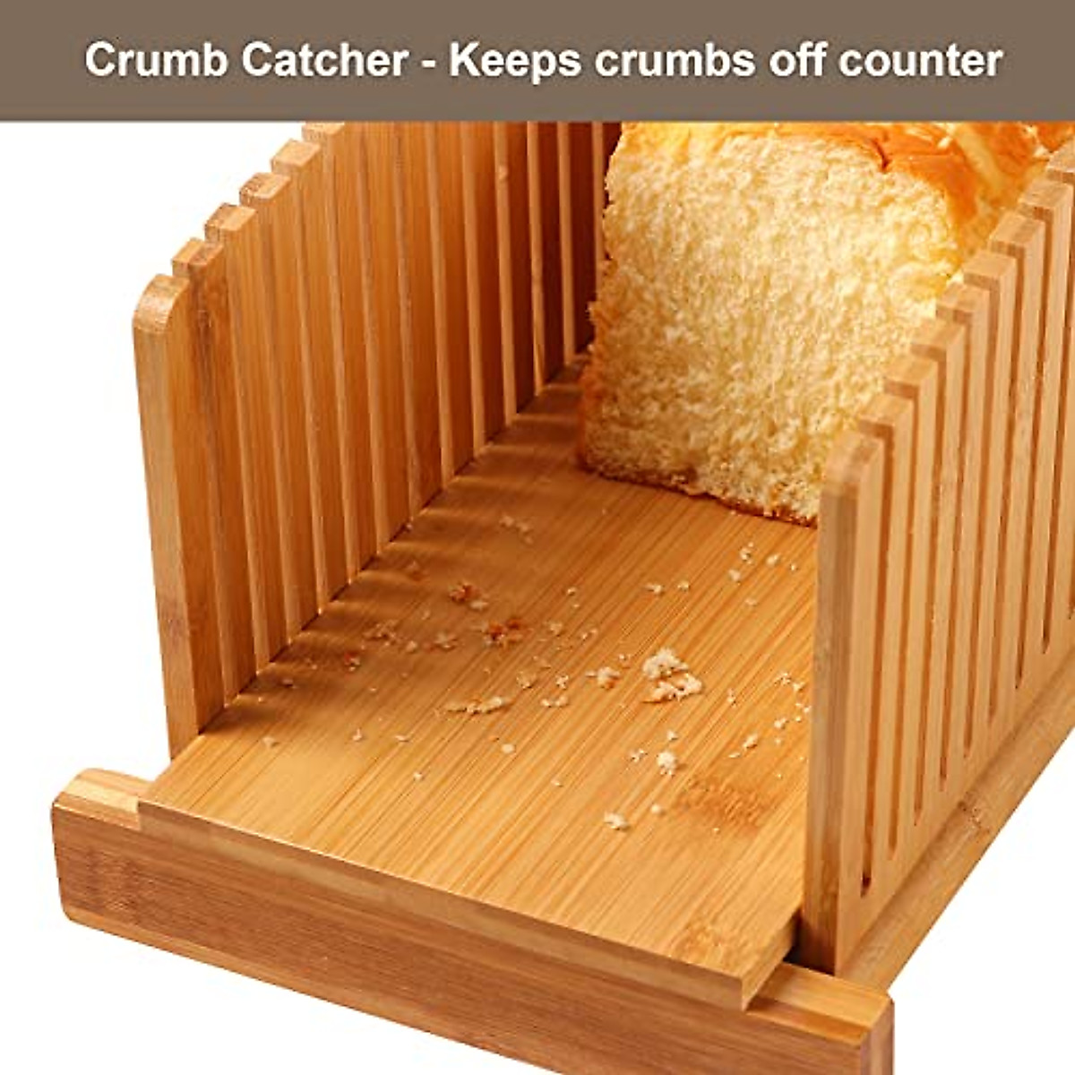 Kiss Core Premium Bamboo Bread Slicer for Homemade Bread, Crumb Catcher, Foldable and Compact Loaf Cutter 3 Size Slicing Guide