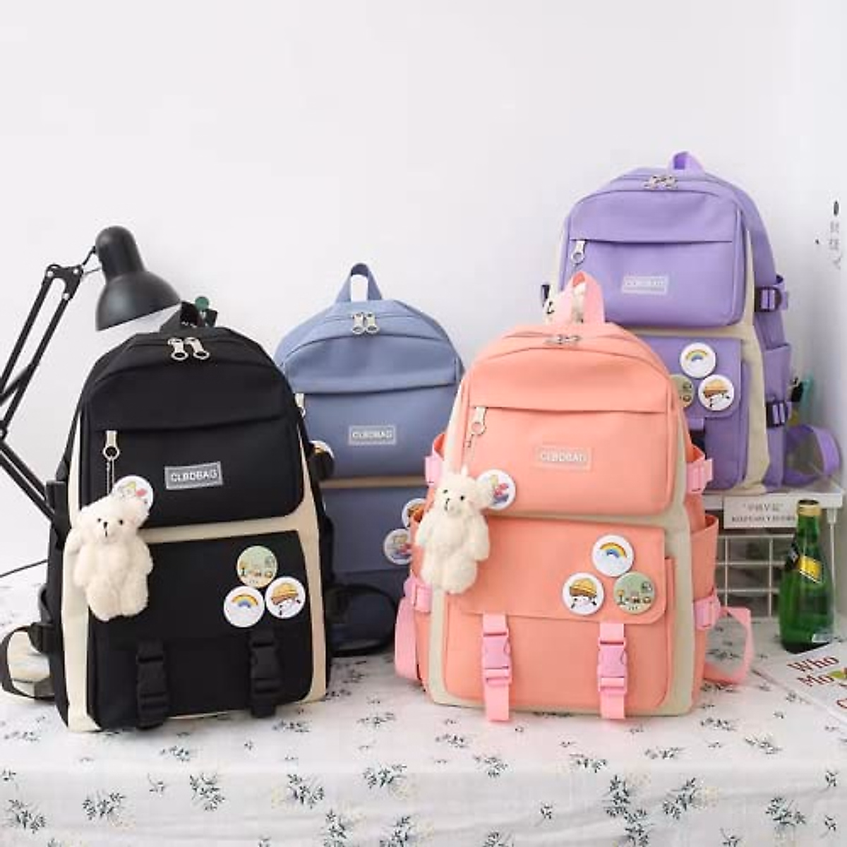 Teslawi kawaii backpack 4Pcs Set Aesthetic backpack 17in backpack，with Kawaii Pendants，Crossbody Bag ，Pencil Case, Handbag (Blue)
