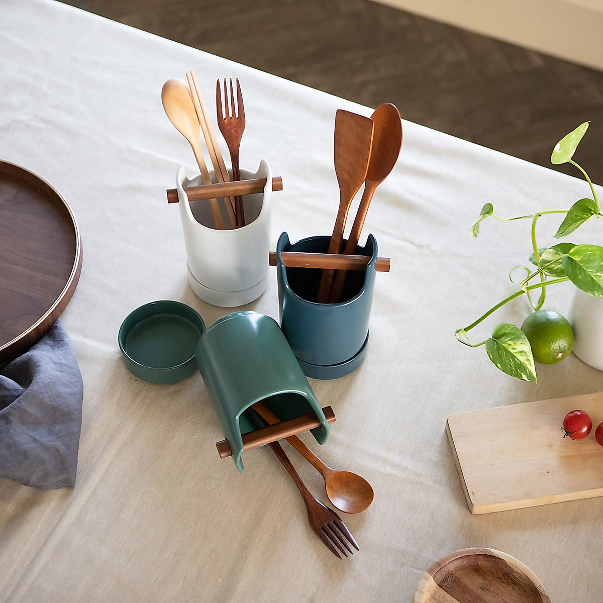 cusinine Kitchen Utensil Holder for Flatware, Silverware, Cutlery and Cooking Accessories, Wood and Ceramic, Countertop and Table Caddy (Blue)