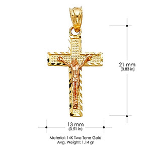14K Two Tone Gold Jesus Crucifix Cross Charm Pendant with 0.9mm Wheat Chain Necklace - 24"