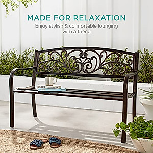 Best Choice Products Outdoor Bench Steel Garden Patio Porch Furniture for Lawn, Park, Deck w/Floral Design Backrest, Slatted Seat - Black