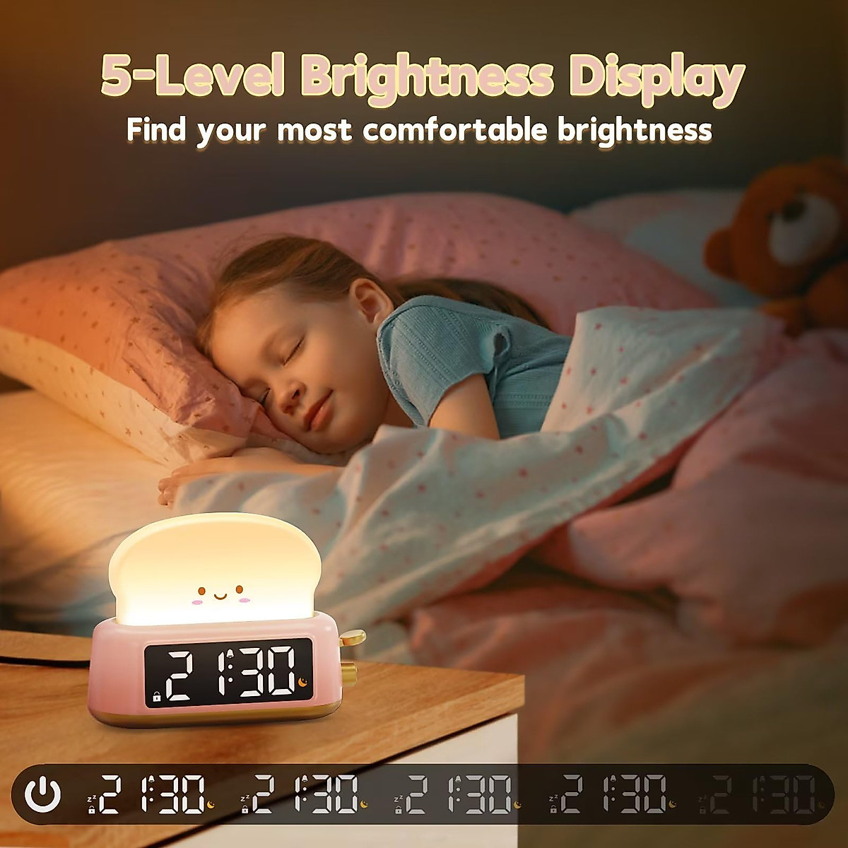 Alarm Clock for Kids, Digital Alarm Clock for Bedrooms, Cute Toast Alarm Clock with Night Light, Timer, Snooze, Adjustable Brightness, Toddler Clock Bedside, Ideal Gifts for Kids Teens Girls