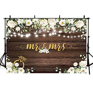 AIBIIN 7x5ft Mr & Mrs Backdrop for Wedding Bridal Shower Rustic Wooden White Flowers Photography Background Wedding Bachelorette Party Decirations Banner Photo Booth Props