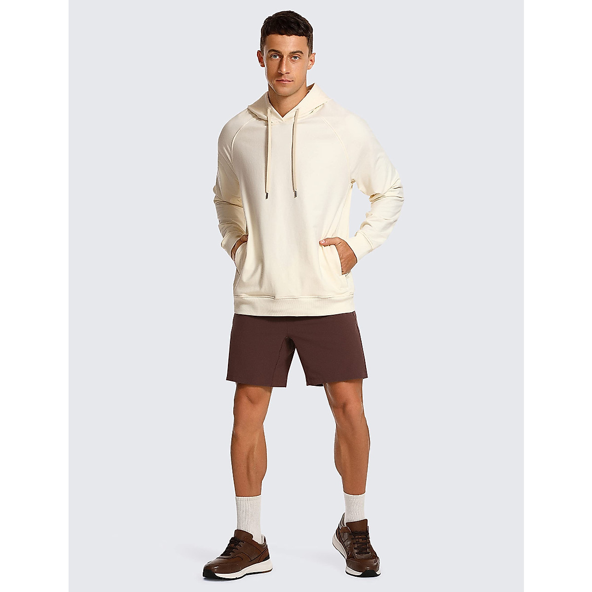 CRZ YOGA Hoodies for Men French Terry Hooded Sweatshirts Workout Athletic Casual Pullover Tops with Pocket White Apricot X-Large