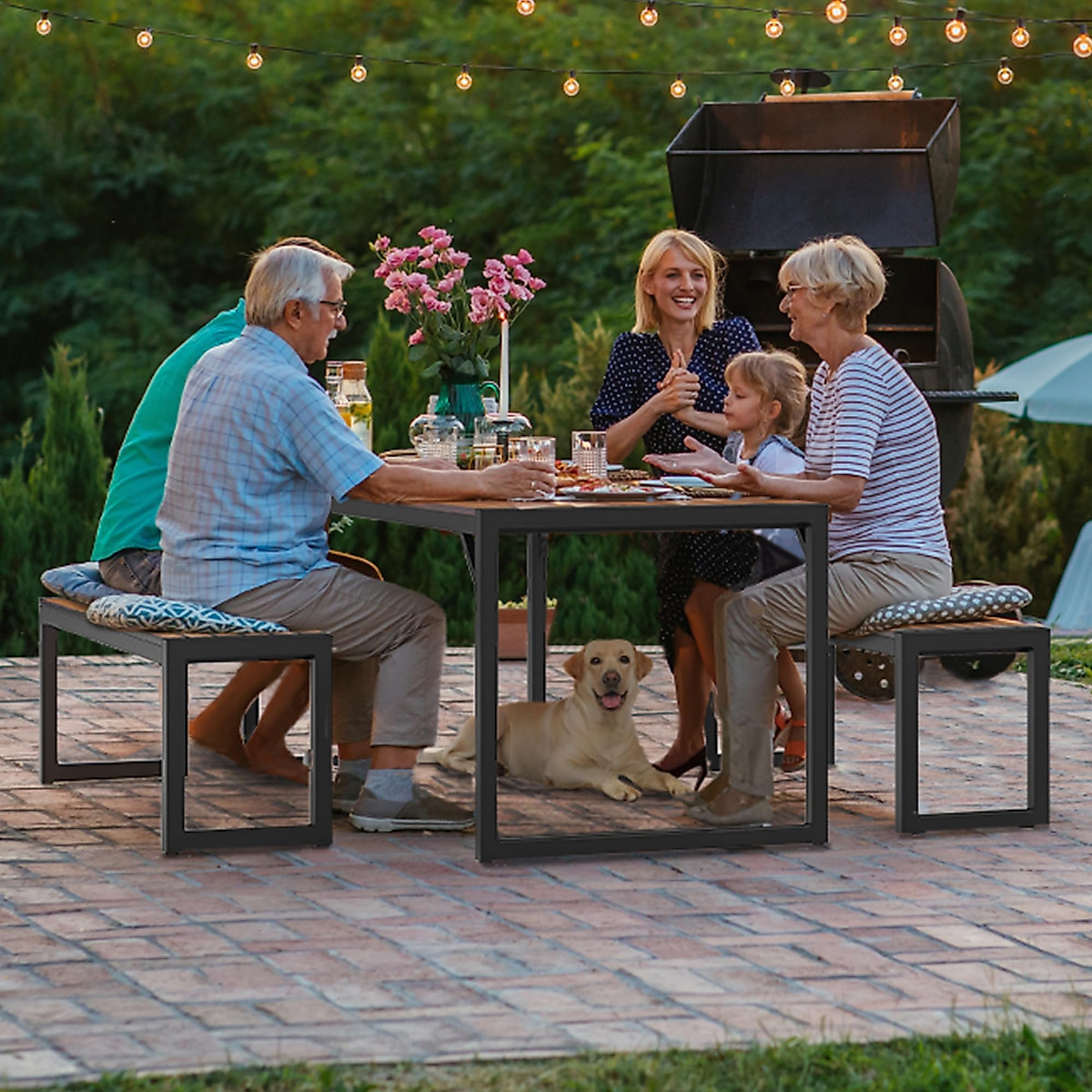 YITAHOME Patio Dining Table and Bench with Faux Wood Tabletop, Outdoor Dining Set for 4-6 People, All-Weather Picnic Conversation Set for Garden Backyard Poolside - Brown