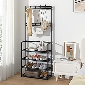 UDEAR 4-Tier Coat and Shoe Rack,Entryway Coat Rack Hallway Bench Storage Organizer with 8 Hooks for Living Room,Bedroom,Office,Black