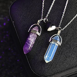 MISS RIGHT Crystal Friendship Matching Couples Necklaces for Women Men with Magnetic Heart Charm, Dainty Rose Quartz Best Friends BFF Necklace for 2 Girls (White Opal & Amethyst)