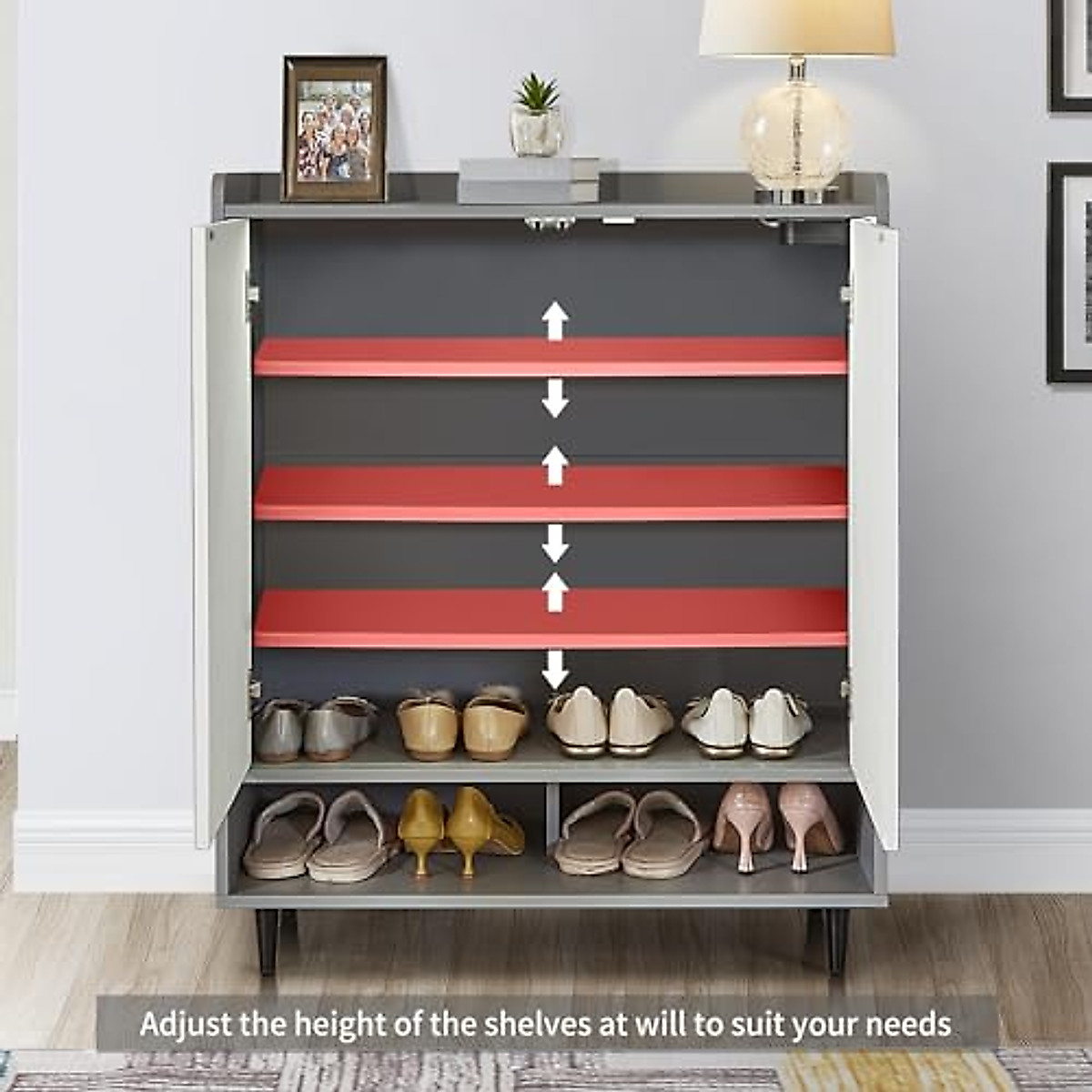 OLD CAPTAIN Shoe Storage Cabinet, 5-Tier Modern Entryway Organizer Cabinet with Door,Deodorisation and Automatic Lighting (White Rattan)