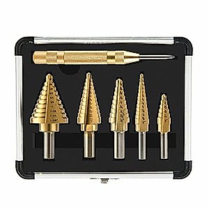 Arkdeffon Step Drill Bit Set & Automatic Center Punch,Titanium Coated, Double Cutting Blades, 5pcs Hss Multiple Hole 50 Sizes (1/8In-1 3/8In) High-Speed Metal Steel with Aluminum Case