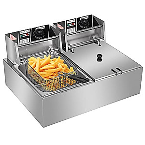 ROVSUN 22.8QT Electric Deep Fryer w/ 2 Baskets & Lids, 21.6L Stainless Steel Commercial Double Fryer, Countertop Kitchen Frying Machine w/ Temperature Control, French Fries Donuts 5000W