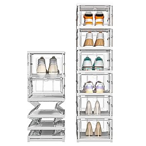 Shoe Box Organizer 6-Tier- No-Assembly, One-Piece Design, Magnetic Clear Doors, Compact Foldable & Space-Saving, Ideal for Sneaker Display & Everyday Footwear, Dimensions 11.3"x15"x45.7" - Clear White