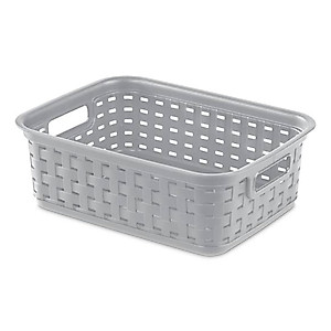 Sterilite 11 Inch Small Weave Open Bin Wicker Storage Basket Home Organizer Tote for Countertops, Bookshelves, and Closets, Cement, 8-Pack