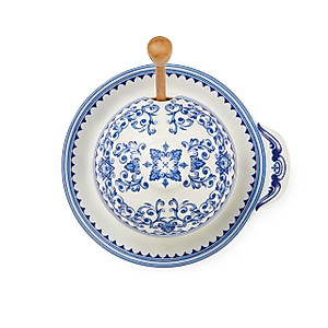 Spode Judaica Honey Pot with Drizzler | 5.25 Inch Honey Jar with Lid and Wooden Dipper for Rosh Hashana Table | made of Fine Porcelain | Dishwasher Safe