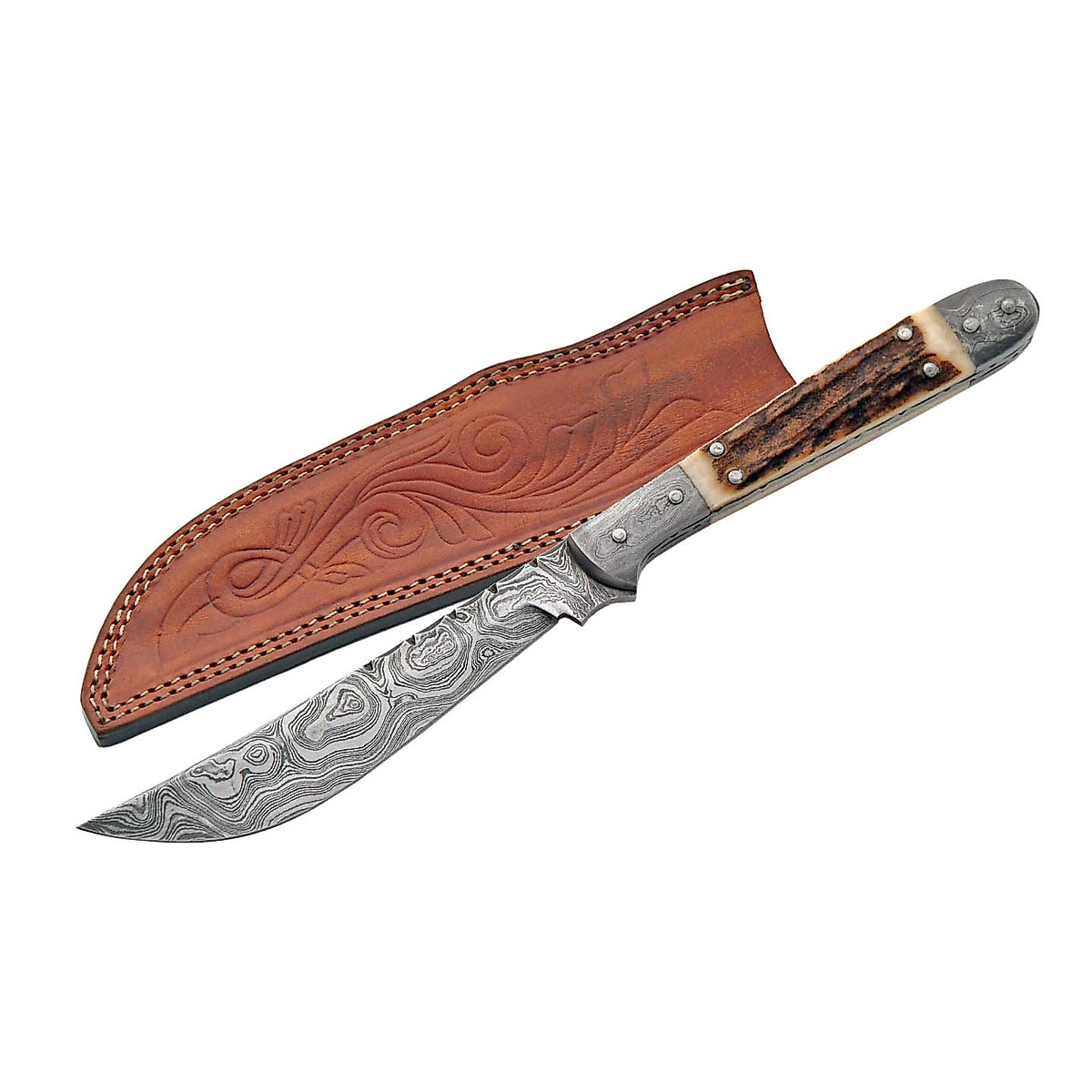 SZCO Supplies 9” Slim Damascus Steel Frontier Hunting Knife with Leather Sheath, Multicolor, One Size, DM-1024