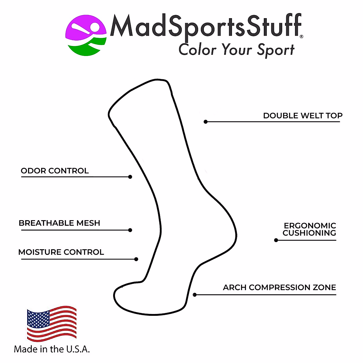 MadSportsStuff USA Pride Athletic Crew Socks (White/Red/Navy, Large)