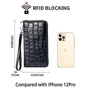 Utenwat Womens Wallets Large Capacity RFID Blocking Genuine Leather Wallet for Women Zip Clutch Card Holder with Wristlet Black