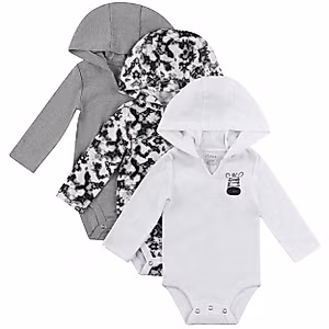 Hanes Unisex Baby Bodysuits, Ultimate Flexy Hoodie Long Sleeve Babies And Toddlers, 3-pack, Black/Grey/White, 12-18 Months US