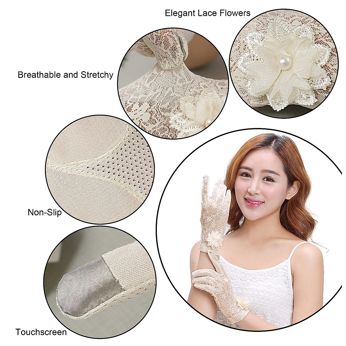 Women's Summer Touch Screen Gloves Lace Anti-skid Outdoor Driving Tea Party Gloves, Beige