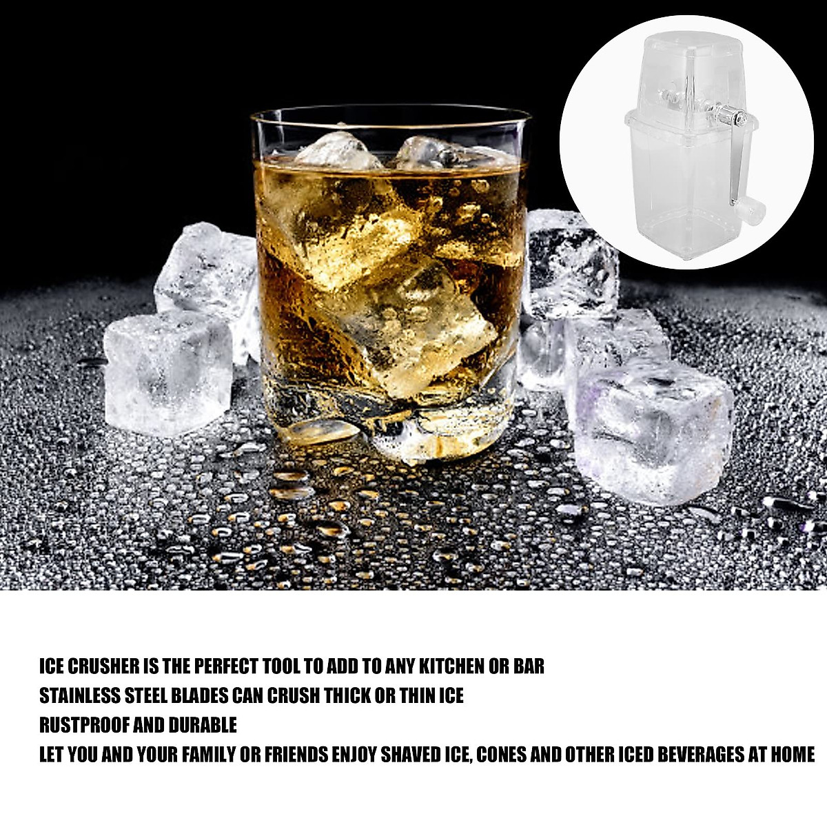 Hand Cranked Ice Crusher, Clear Rustproof Multifunctional Manual Ice Crusher Household Ice Breaker Mini Portable Ice Maker with Stainless Steel Blades for Home Kitchen(Transparent)