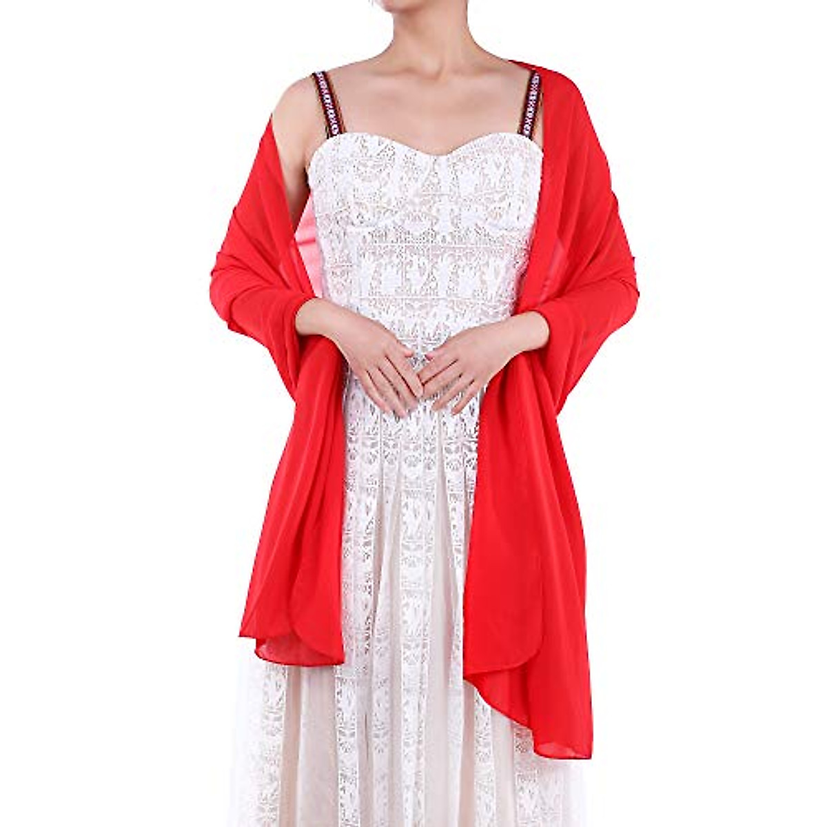 WILLBOND Womens Shawl Chiffon Bridal Evening Soft Wrap Scarf, Chiffon Scarf Ribbon Scarf Satin Scarf for Evening Dresses(L,Red)